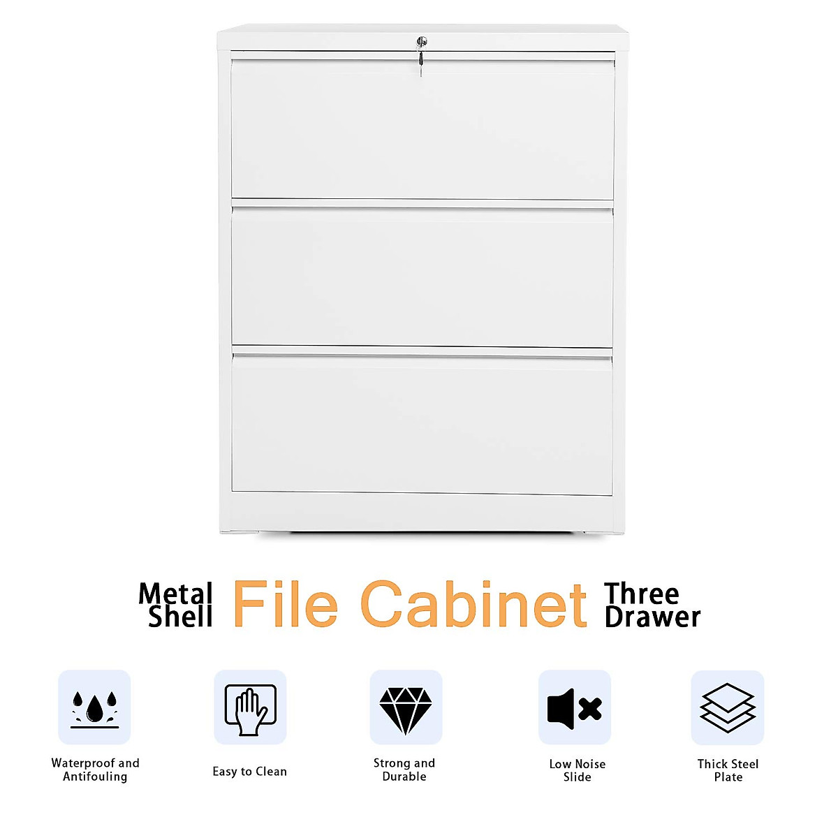 Aobabo 3 Drawer Lateral Steel File Organizing Cabinet with Locking System and Adjustable Hanging Bars for Letter/Legal Size Paper, White