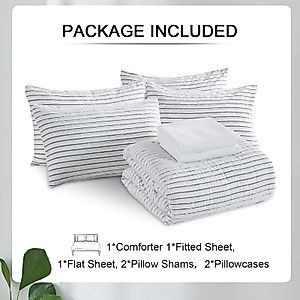 ENJOHOS Twin Comforter Set, 5 Pieces Twin Bed in a Bag Set with Sheets for College Girls Boys, Comforter with Tufted Black White Stripes, Lightweight Microfiber Comforter Bedding