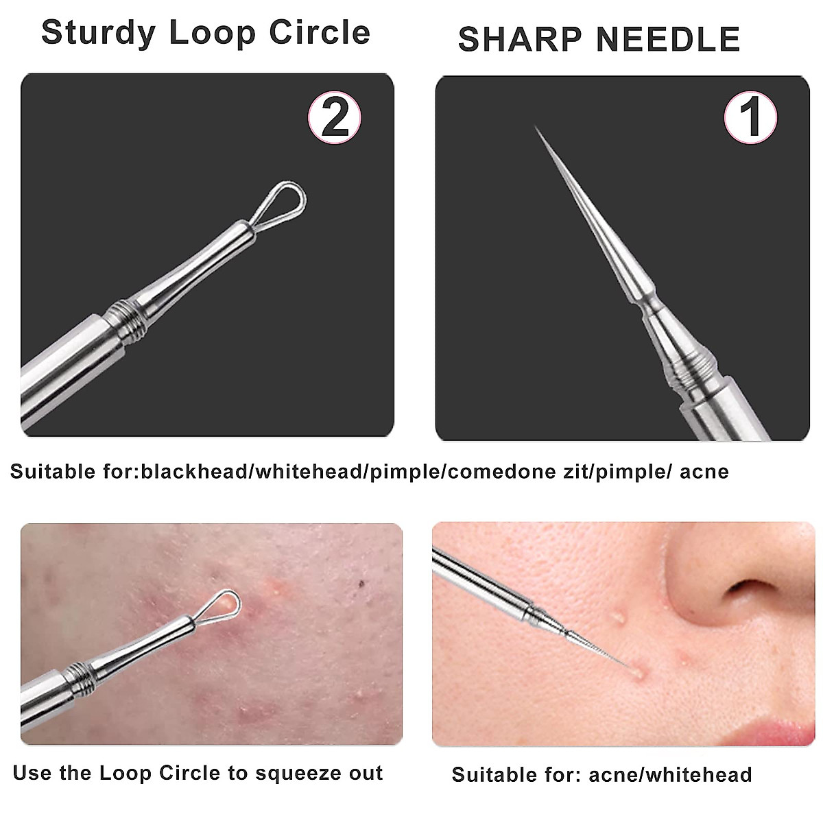 Professional Facial Milia Removal and Whitehead Extractor & Lancet - Double Ended Circle Loop & Sharp Needle Pimple Popper Tool - 2-in-1 Blackhead & Blemish Remover - Zit and Pimple Acne Removal