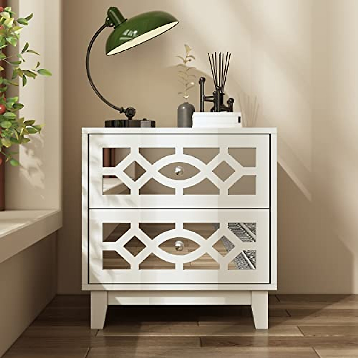 DiDuGo Nightstand with 2 Mirrored Drawers Set of 2, Wood End Table Bedside Table with Storage, Contemporary Style, Wooden Legs, for Bedroom White (18.9”W x 15.7”D x 19.7”H)