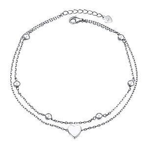 FLYOW Anklet for Women S925 Sterling Silver Adjustable Foot Beaded Heart Charm Ankle Bracelet Anklets Jewelry 11 12 inch