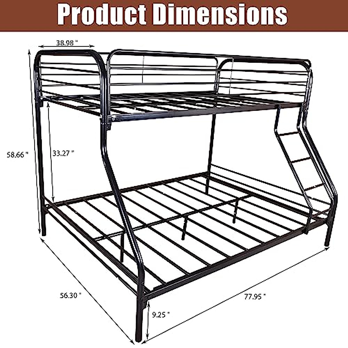 Anwickhomk Metal Bunk Bed Twin Over Full Size,Heavy Duty Floor Bunk Beds Frame with Enhanced Upper-Level Guardrail and Ladder for Boys Girls Adults Dormitory Bedroom,No Box Spring Needed,Black