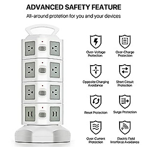 TNP Power Strip Tower Surge Protector - Tower Power Strip with 14 AC Outlets & 4 USB Ports - 2500W/10A - 6ft Cord - USB Plug Tower for Home, Office, Bedroom, Work Desk