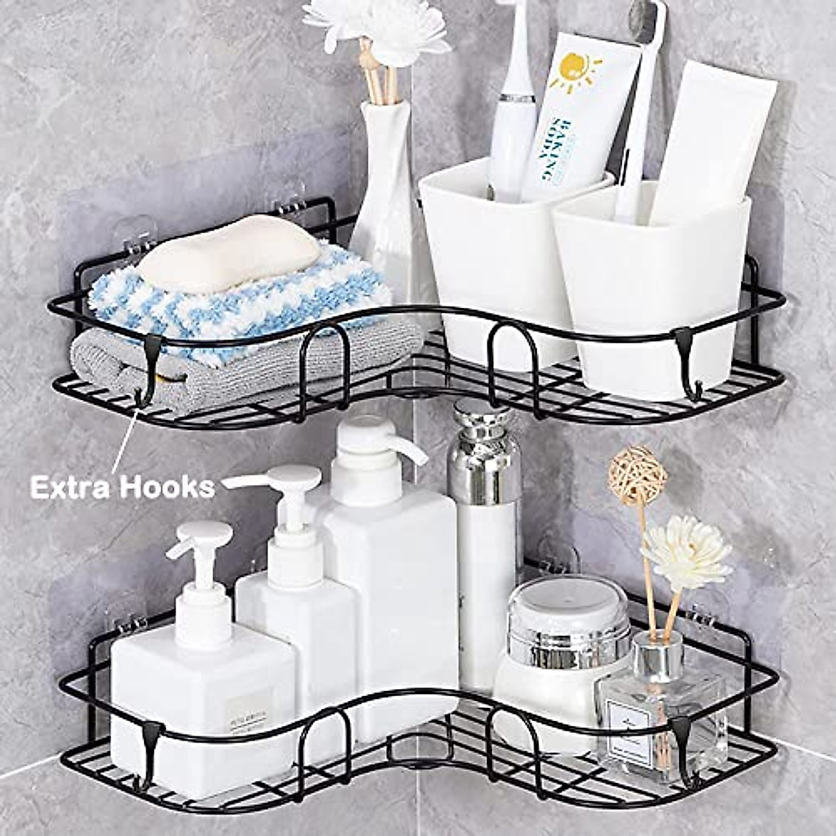 SlimmKISS Corner Shower Caddy Shelf Organizer, Adhesive Bathroom Basket with Movable Hooks, Shower Shelf Wall Mounted Organizer for Bathroom, Toilet, Kitchen and Dorm,4-Pack