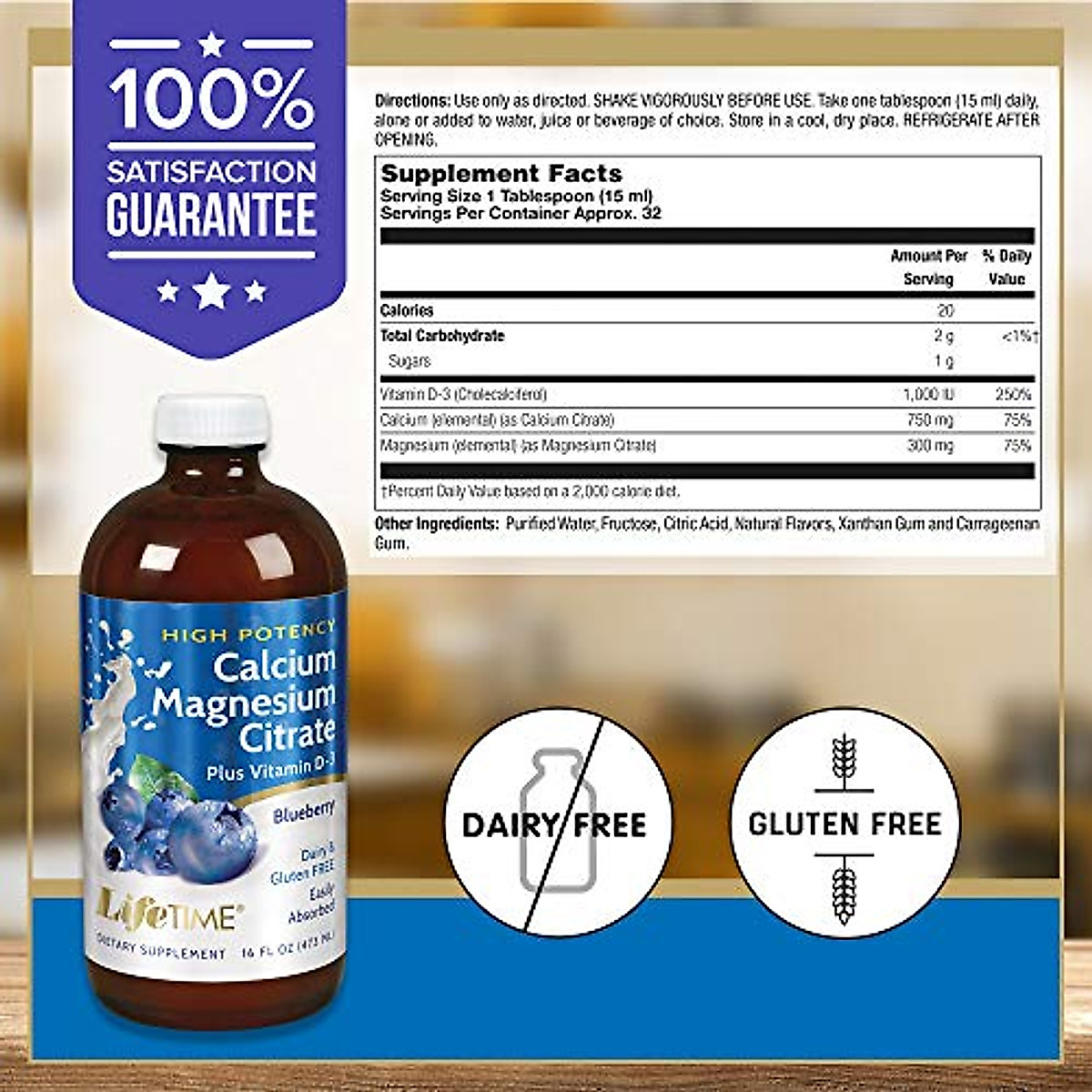 Lifetime High Potency Calcium Magnesium Citrate w/Vitamin D-3 | Bone & Muscle Support | Easy Absorption, Dairy & No Gluten | Blueberry | 16 FL oz