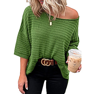 Dokotoo Womens Fashion Juniors Fall Summer Shirts and Blouses for Women 2024 Pullover Sweaters T-Shirts Off Shoulder 3/4 Sleeve Tunic Tops Loose Tee Shirts Light Green Medium