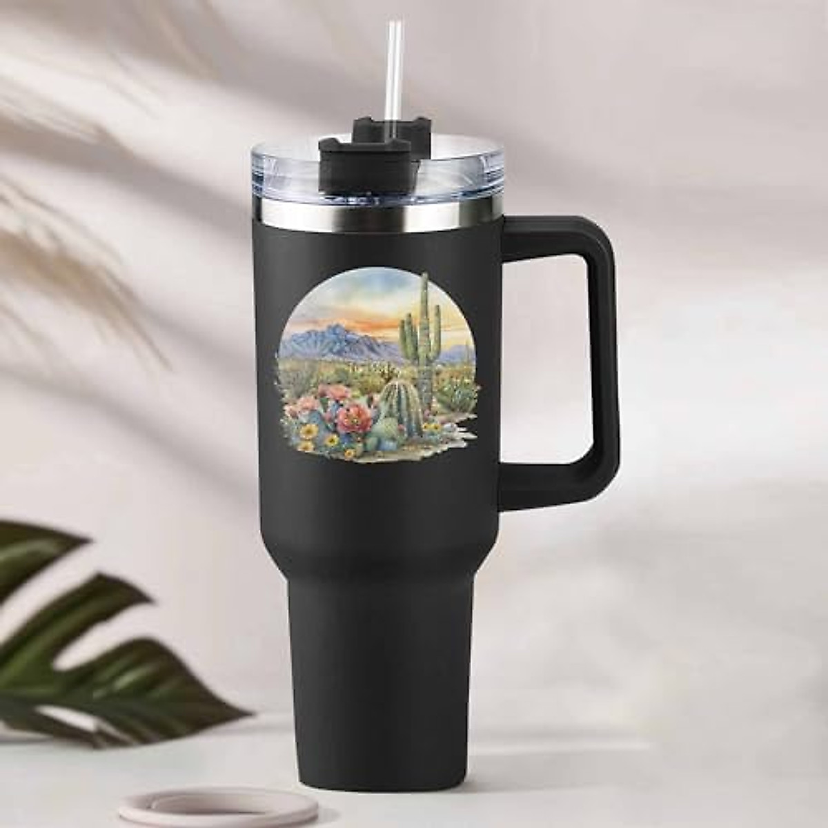 40 Oz Insulated Tumbler with Handle and Straw,Tropical Cactus Flower Mountain Stainless Steel Vacuum Insulated Travel Mug,Leak-proof Water Bottle Iced Coffee Cup,Desert Plant