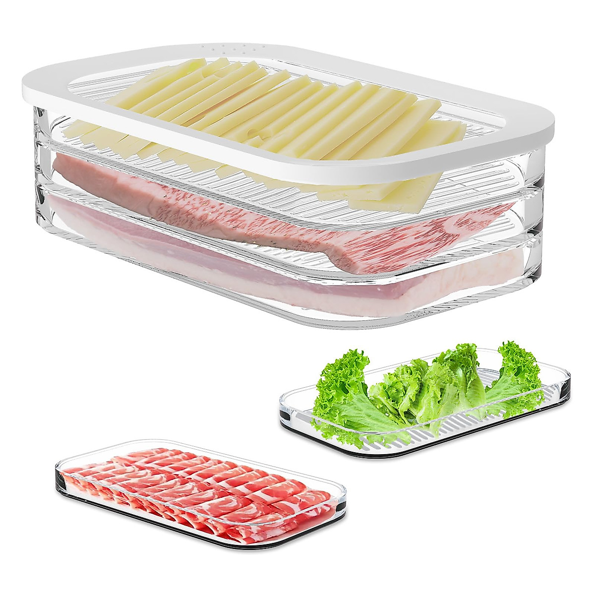 Japanese Lunch Meat Container for Refrigerator, 3 Layers Deli Meat Container for Fridge, Stackable Cold Cuts Storage Containers for Fridge, Deli Meat Container with Lid for Meat, Cold Cuts, 1 Pack
