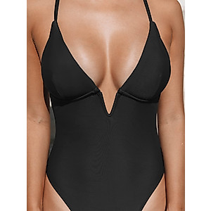 CUPSHE Women Swimsuit One Piece Bathing Suit Deep V Neck Crisscross Back Adjustable Strap Black L
