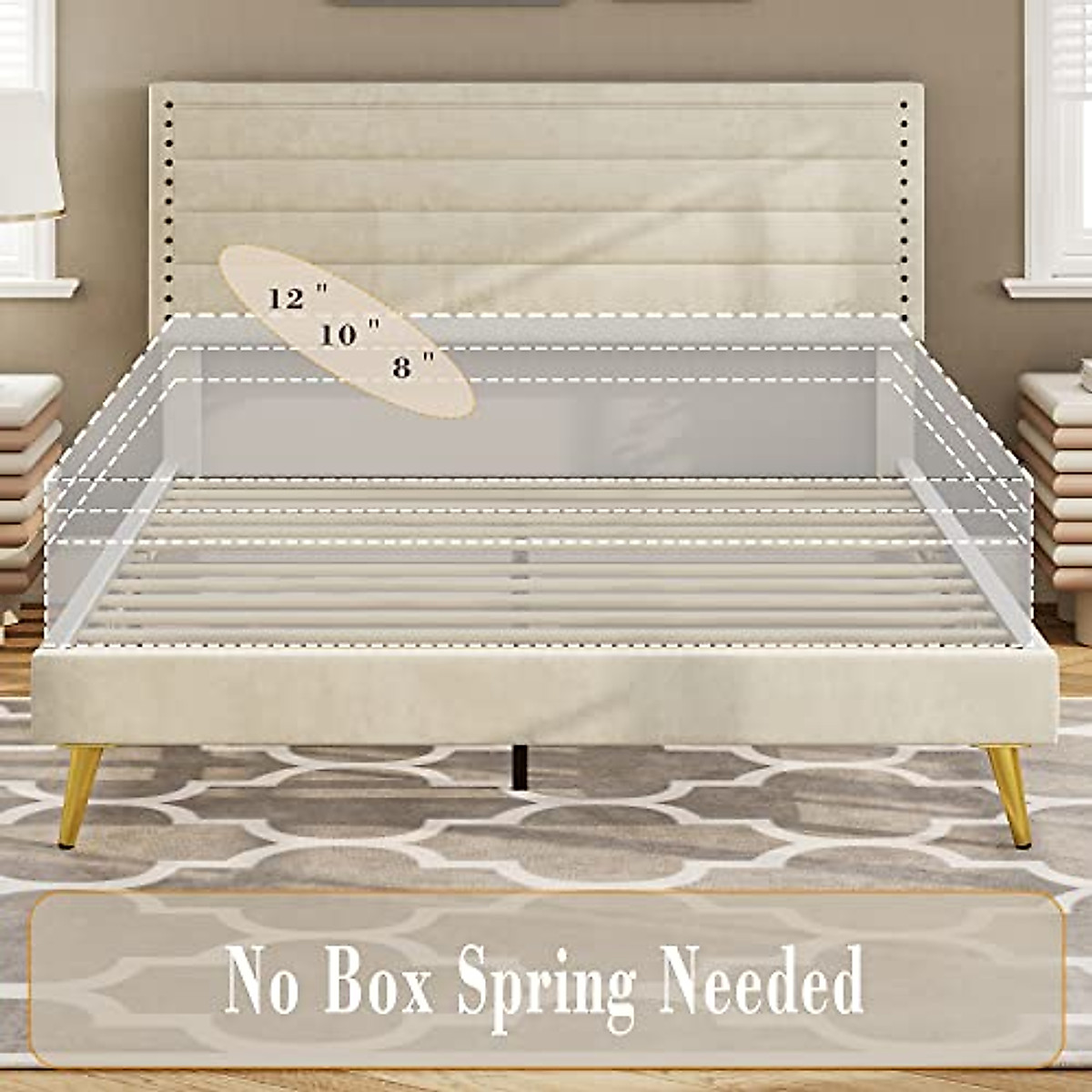 LIKIMIO Queen Bed, Platform Bed Frame with Upholstered Headboard and Wooden Slats Support, No Box Spring Needed, Easy Assembly, Beige