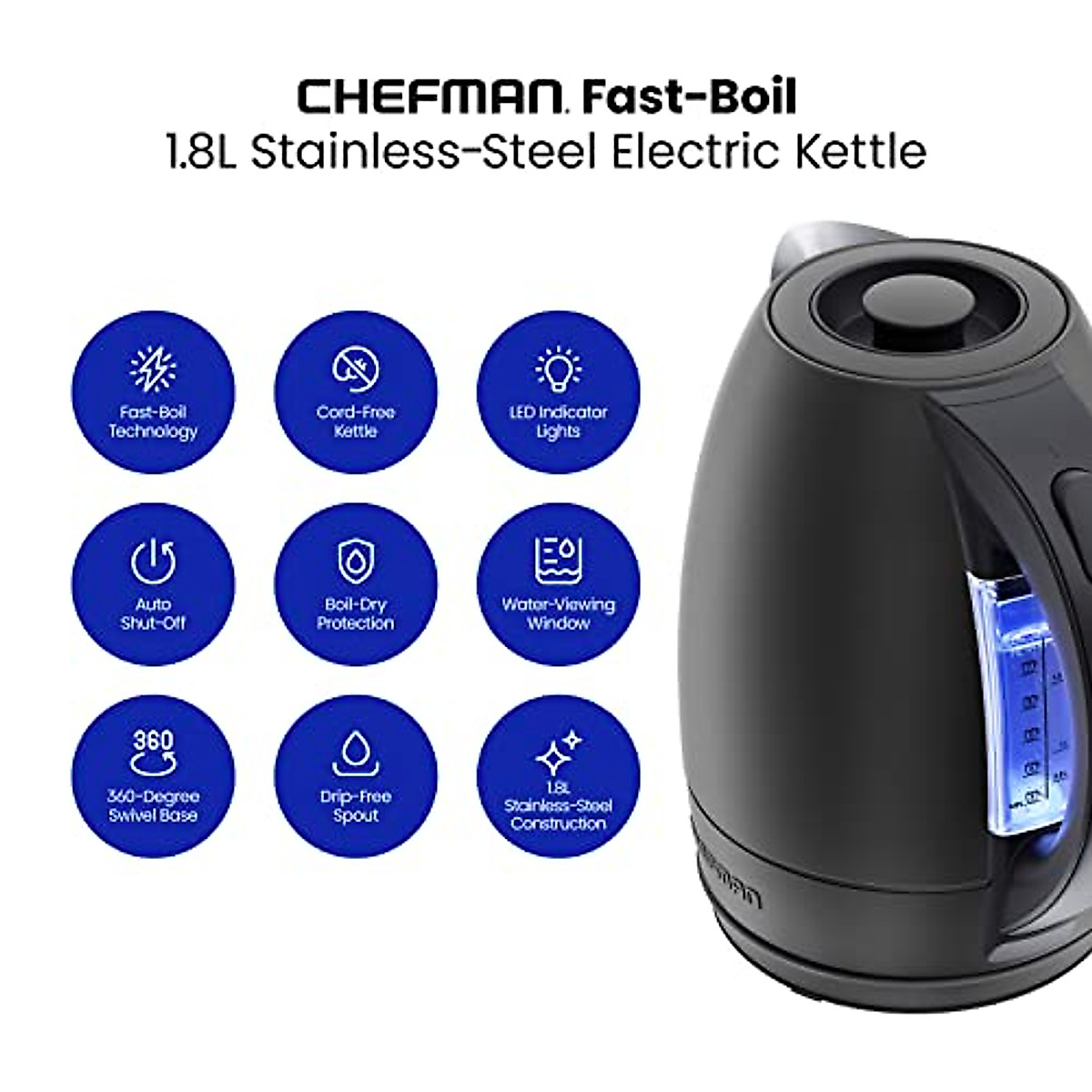 Chefman Electric Kettle, 1.8 Liter Stainless Steel Electric Tea Kettle Water Boiler with Automatic Shutoff, LED Lights, Boil-Dry Protection, Hot Water Electric Kettles for Boiling Water, Black