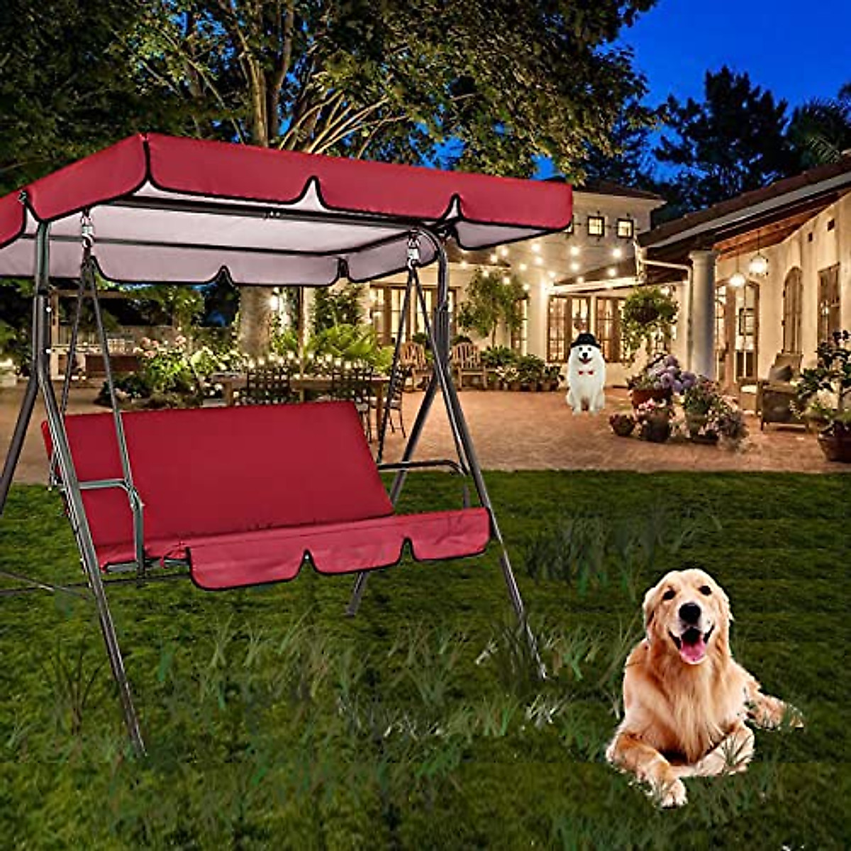 Universal Replacement Canopy Garden Swing Seat with String Light, Swing Seat 2 or 3 Seater Great Waterproof Swing Seat Canopy for Sun Shade Outdoor Seat Hammock,Red-195 * 125 * 15cm