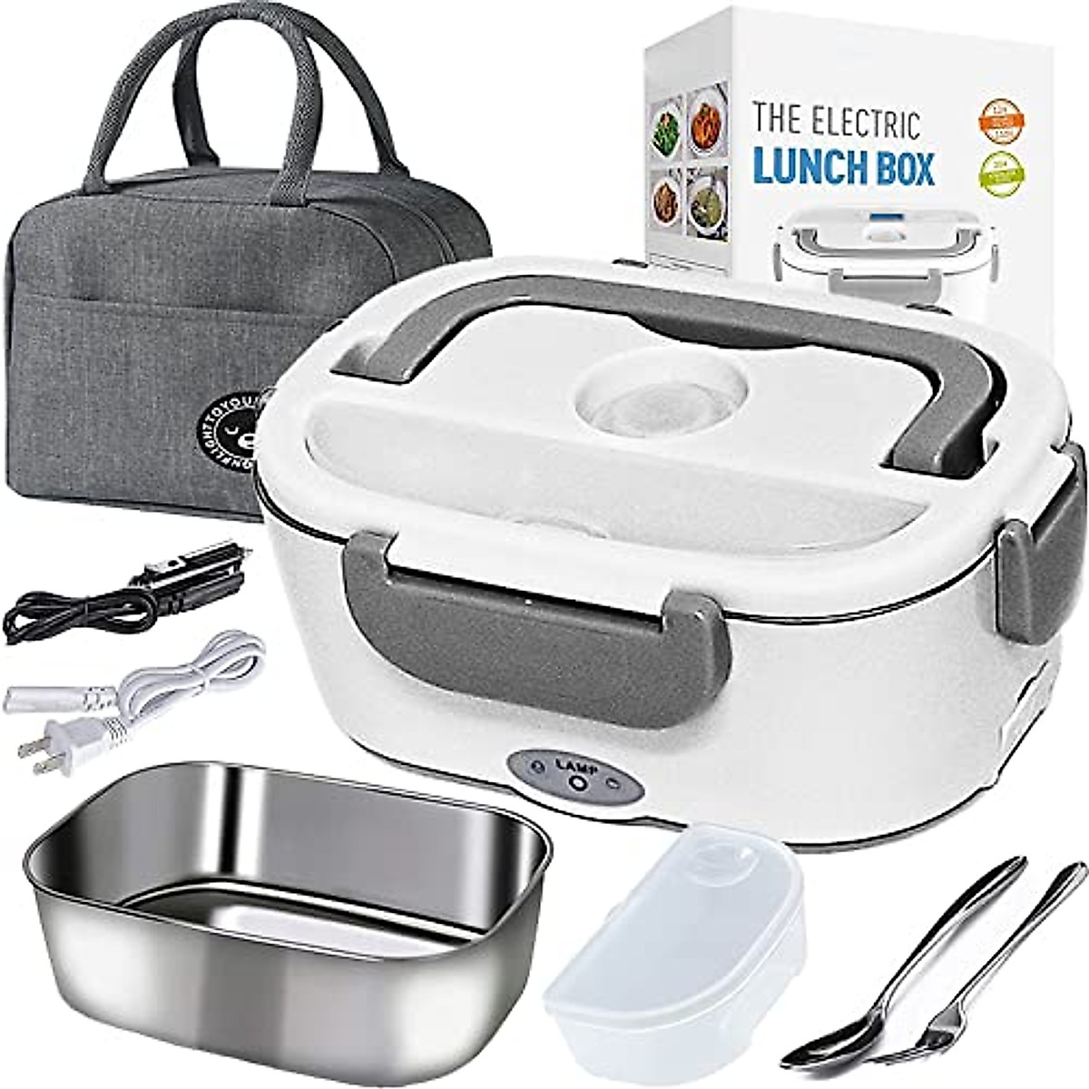 Electric Lunch Box 3 in 1-12V 24V 110V, 52 Oz, 55W Food Heater for Adults-Portable Food Warmer Lunch Box for car/truck & home, Leak proof- 1.5L Removable Stainless Steel Container- fork,spoon, Bag