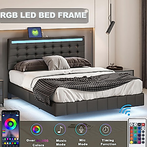 Merax Modern Tufted Floating Plattform Bed with LED Lights and USB Charging, Queen Bed Frame with Headboard, No Box Spring Needed, Black