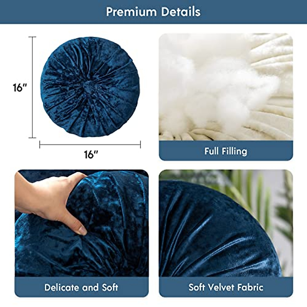 Phantoscope Round Throw Pillow Handcrafted Pumpkin Velvet Floor Pillow Couch Bed and Chair, Navy Blue 16 x 16 inches 40 x 40 cm