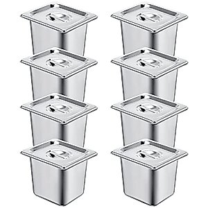 8 Pack Stainless Steam Hotel Pan 6 Deep Steam Table Pan with Lid 0.8 mm Thick Stainless Steel Steam Pan Restaurant Anti Clogging Steamer for Party, Restaurant, Hotel (1/6 Size)