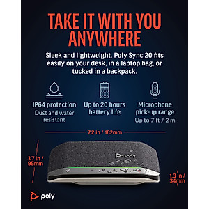 Poly Sync 20 USB-A Personal Portable Smart Speakerphone (Plantronics) - Connect to Mobile via Bluetooth, PC/Mac via Included USB-A Cable - Noise/Echo Reduction - Works w/Teams, Zoom - Amazon Exclusive