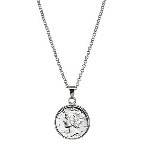 American Coin Treasures Silver Mercury Dime Silvertone Coin Pendant with 18" Cable Chain Necklace, Genuine and Elegant Keepsake Jewelry for Women, White Luxury Gift Box Included