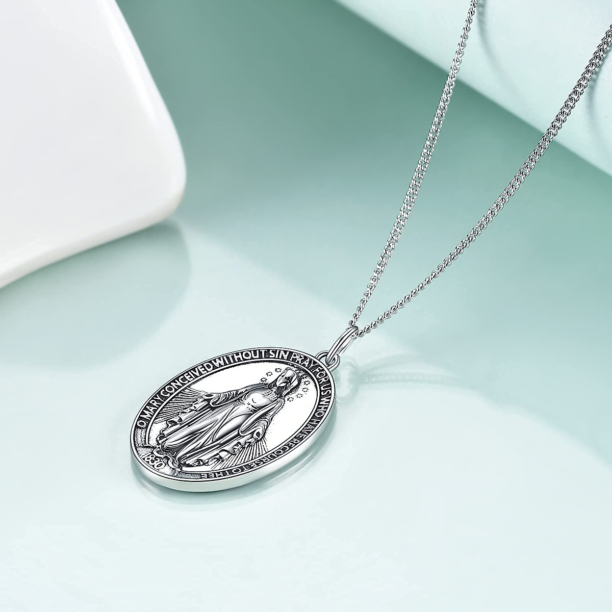 Rnivida 925 Sterling Silver Miraculous Medal Necklace, Catholic Our Blessed Mother Virgin Mary Oval Pendant Necklace for Women