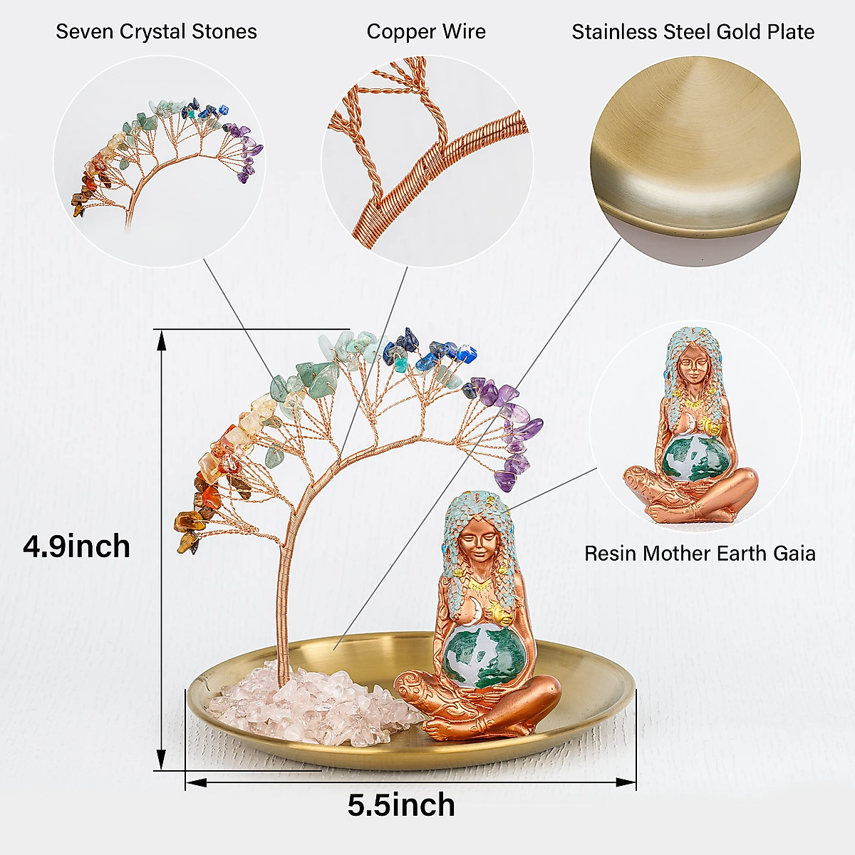 ZenBless Crystals Tree,7 Chakra Healing Crystals Tree Gaia Te Fiti Storage Tray Yoga Meditation Zen Home Decor Set Figurine Ornament Decoration Feng Shui Wealth Luck (Mother Earth Statue_Gold Tray)