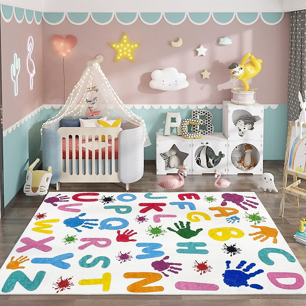 USTIDE Kids Rug ABC Kids Carpet 5x7 Ft Washable Non-Slip Play Mat Indoor Area Rug Carpet for Living Room Bedroom Nursery Room Classroom Colorful Handprint Area Rug for Playroom
