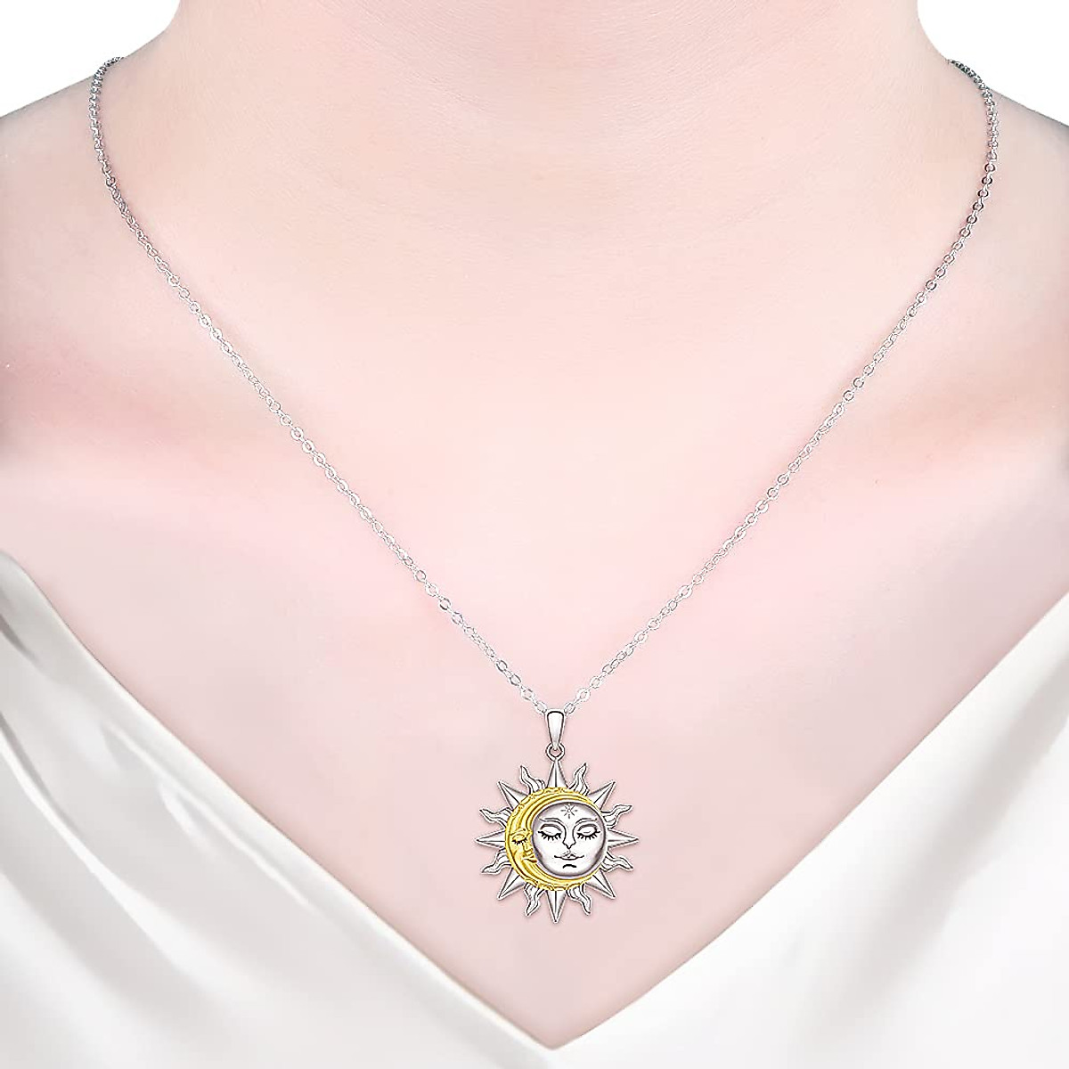 Jewlikee Sun Necklace Gold and Silver Moon Necklaces for Women Sun Moon Pendant Sunshine Sterling Silver for Couples Gift