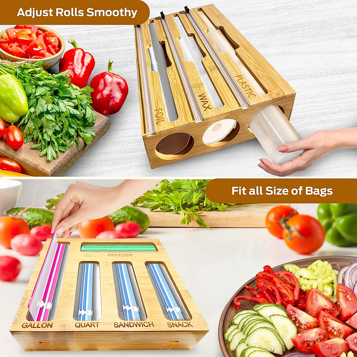 Kaby Storage Bag Organizer, Foil and plastic Wrap Organizer with Cutter, Kitchen Organizers and Storage Compatible with Gallon, Quart, Sandwich, Snack Bags and 12" Aluminum Foil & Wax Paper