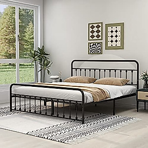 NNV Platform King Size Metal Bed Frame with Vintage Headboard and Footboard, Heavy Duty Bed Frame with Large Storage, No Box Spring Needed, Easy Assembly, Black
