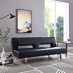 Naomi Home Black Futon Sofa Bed, Faux Leather Futon Couch, Black Sofa Bed Couch Convertible with Wooden Legs, Pull Out Sofa Bed, Reclining Small Couch Bed, Folding Futon Bed for Living Room
