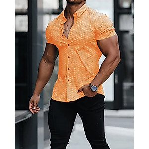 Men's Athletic Dress Shirts Casual Regular Fit Printed Short Sleeve Muscle Button Down Shirts Orange 3XL
