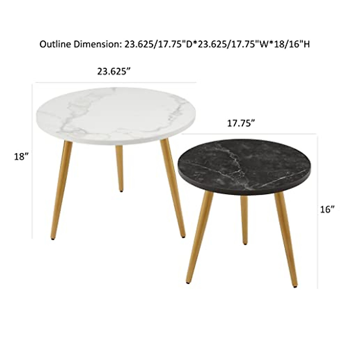 Ball & Cast Nesting End Coffee Table Set of 2, 23.6"&17.75" Dia-Tapered Leg, White/Black