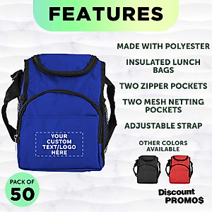DISCOUNT PROMOS Custom Multipurpose Zippered Lunch Bags Set of 50, Personalized Bulk Pack - Meal Holder, Perfect for Work, Camping and Other Outdoor Events - Blue