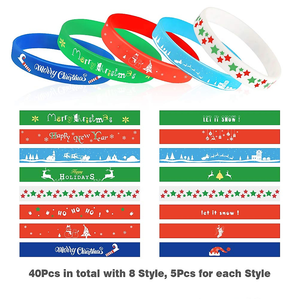 Coogam 40PCS Christmas Silicone Bracelets, Xmas Rubber Wristbands Accessories Gift for Kids Adults Stocking Stuffers, New Year Holiday Decoration Wrist Band Party Supplies Favors