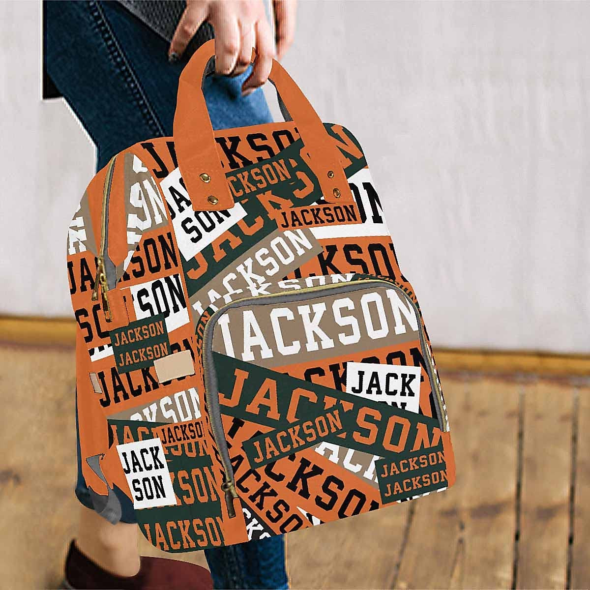 Customized Diaper Bag Backpack, Black and Orange Name Personalized Backpack with Text Mommy Nappy Baby Bag Shoulders Bag Casual Daypack Daycare Bag Travel Bag for Dad Mom
