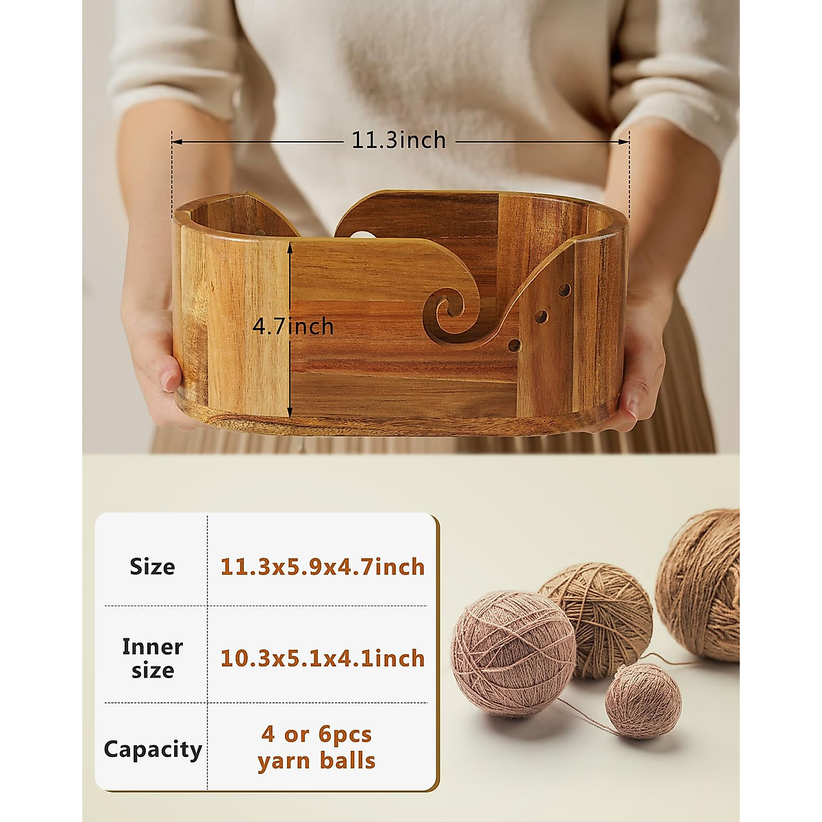 Oval Yarn Bowl, Crochet Yarn Holder with 9pcs Knitting Hooks, Yarn Storage Crochet Bowl Knitting for Crocheters, Large Yarn Bowl Acacia Wooden 11.3x5.9x4.7inch (Acacia Yarn Bowl)