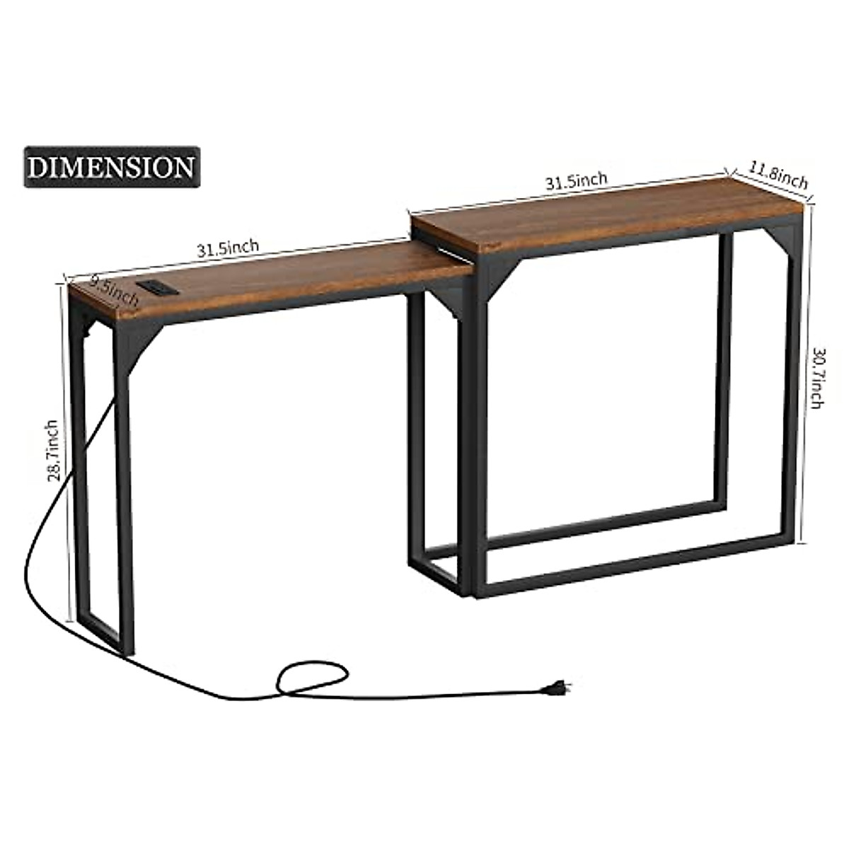 AISUNDY Console Table with Power Outlet & USB Ports, 63 Inch Narrow Long Sofa Table Set, Rustic Entryway Table Behind Sofa Couch, Industrial Vintage Hallway Table Nesting Side Table, Set of 2