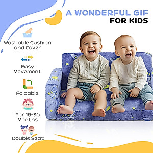Qaba 2 in 1 Kids Sofa Chair, Toddler Couch with Glow in The Dark Cosmic Patten, Washable Cover, Fold Out Convertible Sofa to Lounger for Playroom Bedroom, Blue