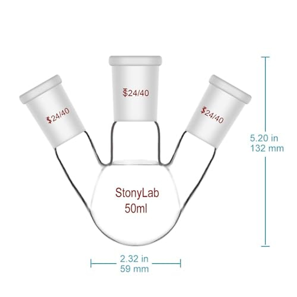 StonyLab Glass 50ml Heavy Wall 3 Neck Round Bottom Flask RBF, with 24/40 Center and Side Standard Taper Outer Joint – 50ml