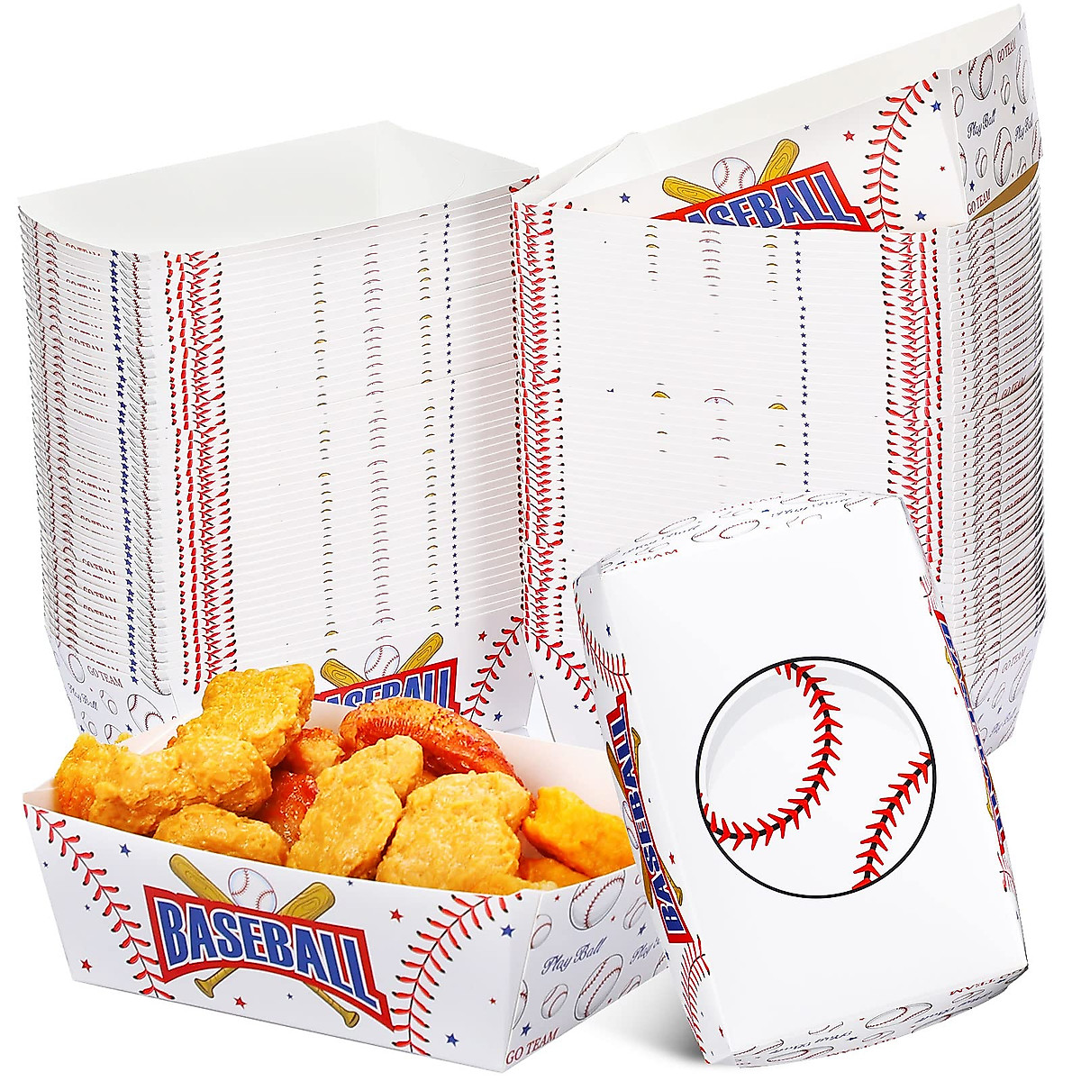 Junkin 100 Pcs 2 lb Football Baseball Paper Bowl Football Food Trays Football Birthday Decor for Party Supplies (Baseball Style)