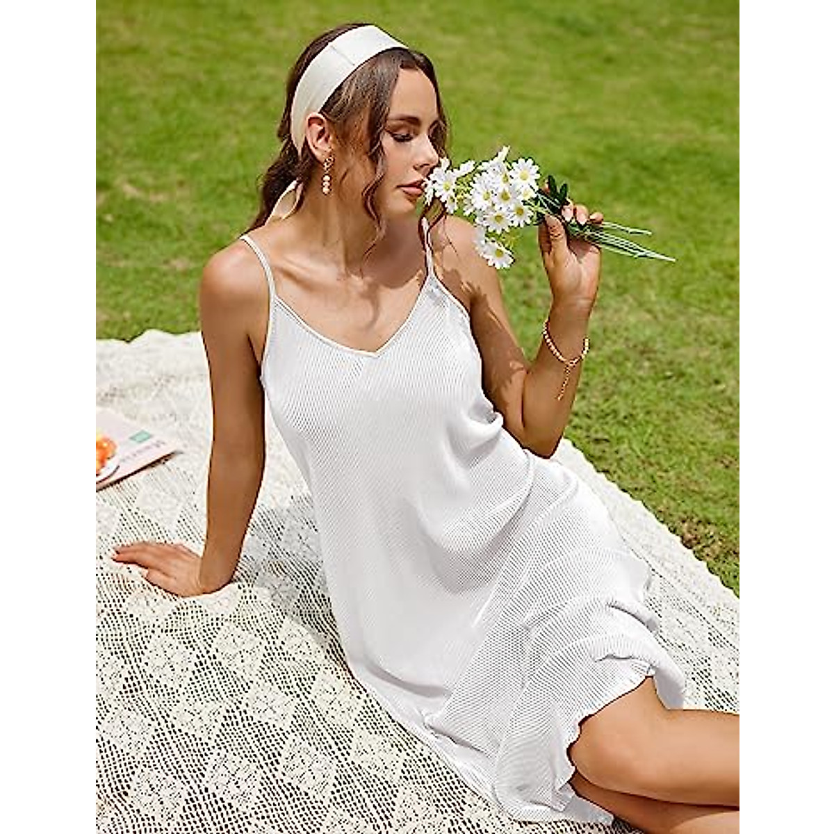 Ekouaer Night Gowns for Adult Women Long Nightgown Sexy Full Slips Sleepwear Sleeveless Pajama Sleep Dress White M