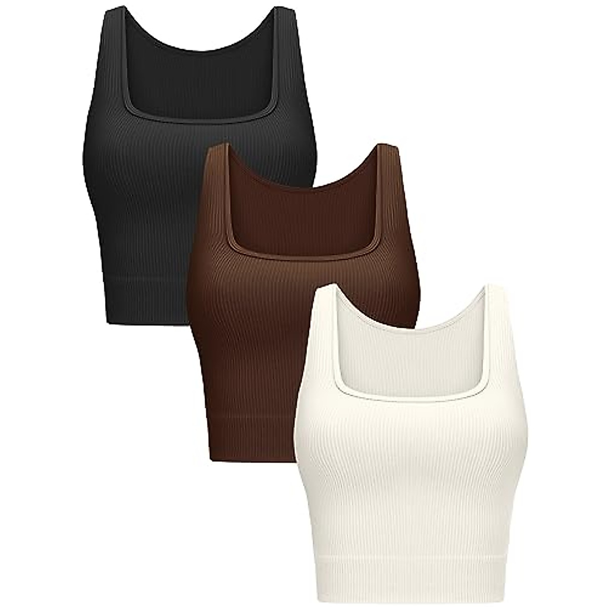 VVX Women's 3 Piece Ribbed Crop Tank Tops - Square Neck Seamless Workout Cropped Top Yoga Tanks for Women(Black+Cream+Brown L)