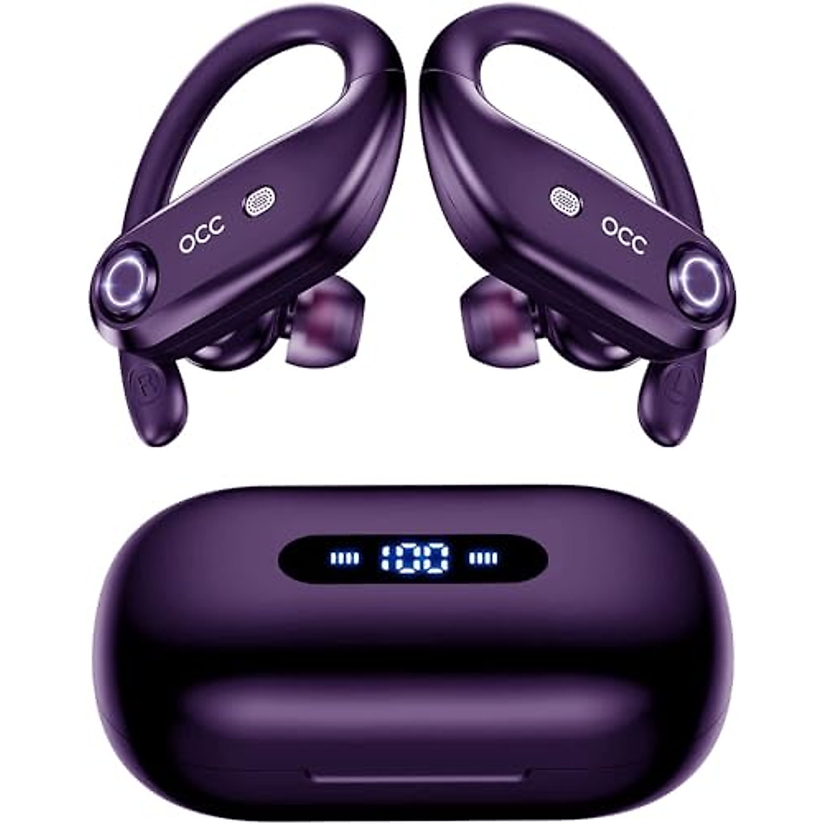 Wireless Earbuds Bluetooth Headphones 130H Playback 4-Mic HD Call IP7 Waterproof Ear Buds in Ear Sport LED Display Earphones with Earhooks for Running Workout Gym Phone Laptop TV Computer (purple)