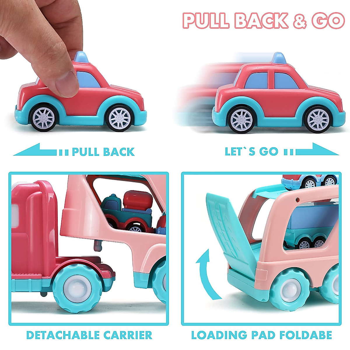 Bakatatoyz Pink Car Carrier Truck Set(9 in 1) with Lights and Sounds, Friction Powered Double Deck Container Transport Truck with 8 Mini Cartoon Pull Back Vehicles, Girls Toy for Toddler Birthday Gift