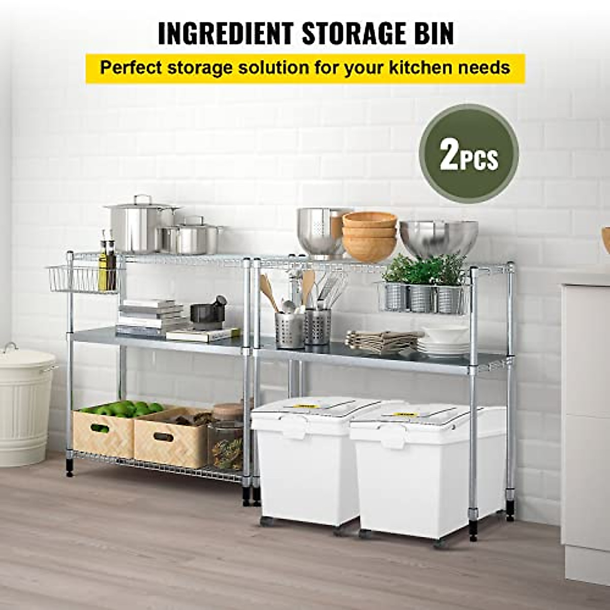VEVOR 10.5 Gallons Ingredient Bin, Ingredient Storage Bin 2 Pcs/Set, PP Material Flour Bins On Wheels, White Shelf Ingredient Bin with Scoop and Sliding Lid, Commercial Storage Bins