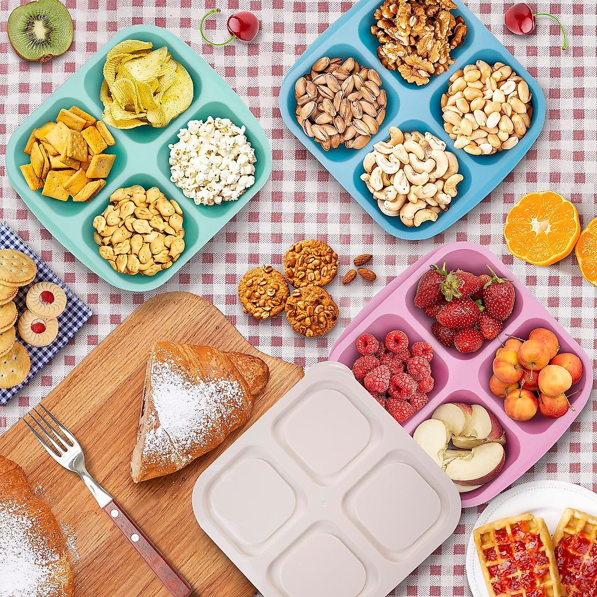 Mosville Snack Containers, Reusable 4 Divided Compartments Bento Snack Box Meal Prep Containers with Snacks, Fruits, Nuts, Cookies, Candies [3 Pack]