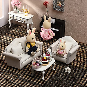 61 Pcs 1:12 Scale Dollhouse Sofa Accessories Set Dollhouse Food Miniature Dollhouse for Living Room Furniture Include Porcelain Tea Kits Mini Kitchen Food Tiny Piano for Doll Toy House (White)