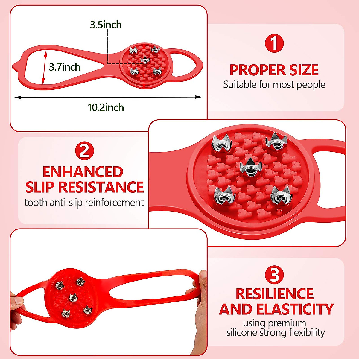 1 Pair Non Slip Gripper Spikes Claw Universal Ice Non Slip Shoe Spikes with 5 Tooth Steel Nails for Hiking Mountaineering Skiing Walking Shoes and Boots (Red)