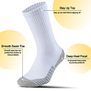 Begrily Men's Cotton Athletic Cushioned Crew Socks with Arch Compression Performance for Running Exercise Hiking 6 Pack White