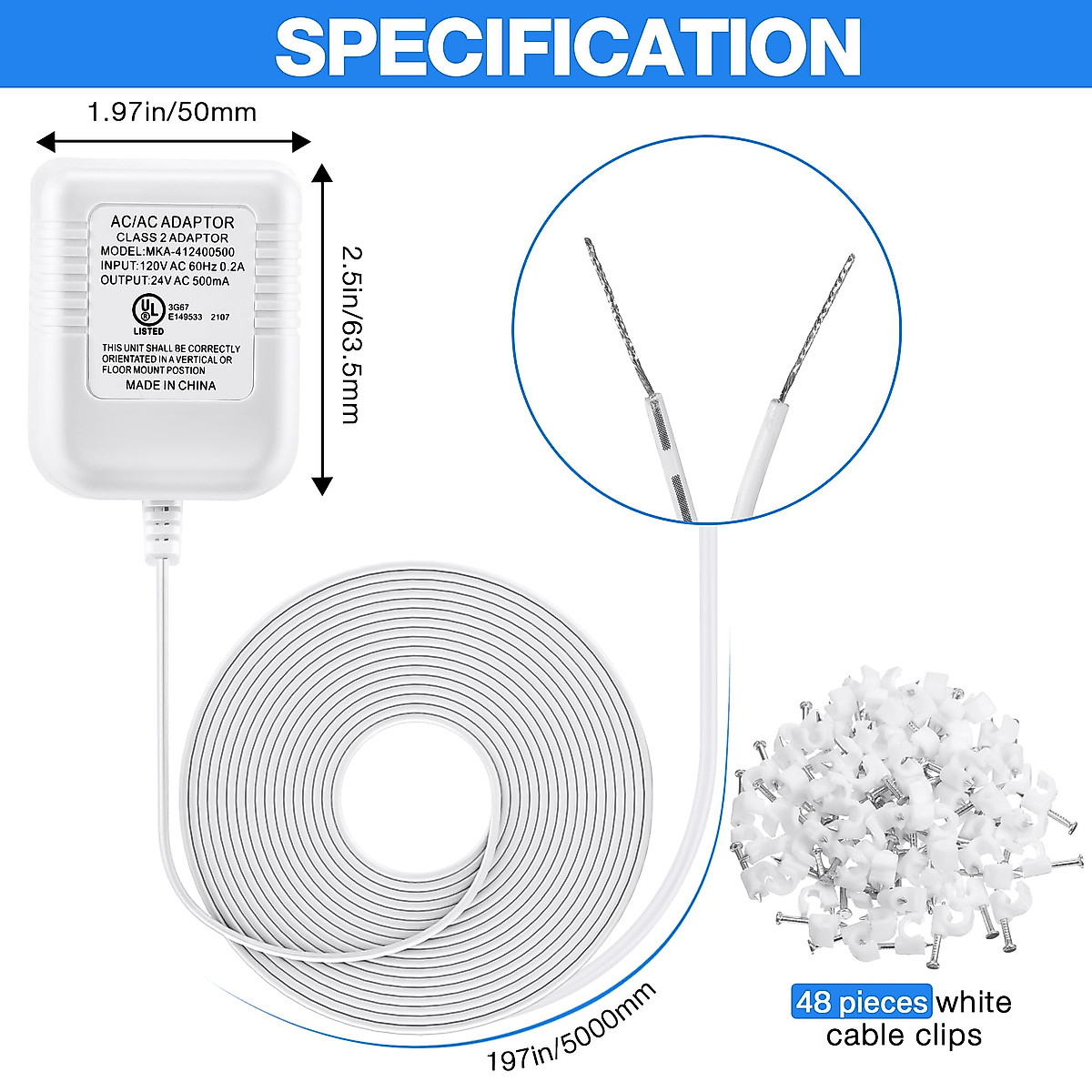 Dreyoo AC 24 Volt Transformer Compatible with Ring Video Doorbell, 197 Inch Long C Wire Adapter with 48PCS Cable Clips Compatible with Ecobee,Sensi, Wyze, Eufy Thermostat