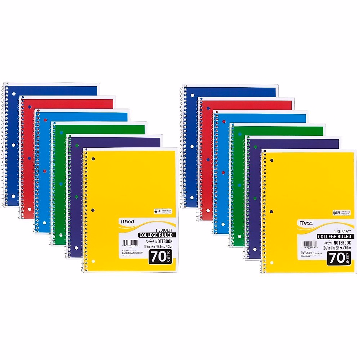 Mead Spiral Notebook, College Ruled, 1 Subject, 70 Sheets, 7.5" x 10.5", Assorted Colors, 24 Pack
